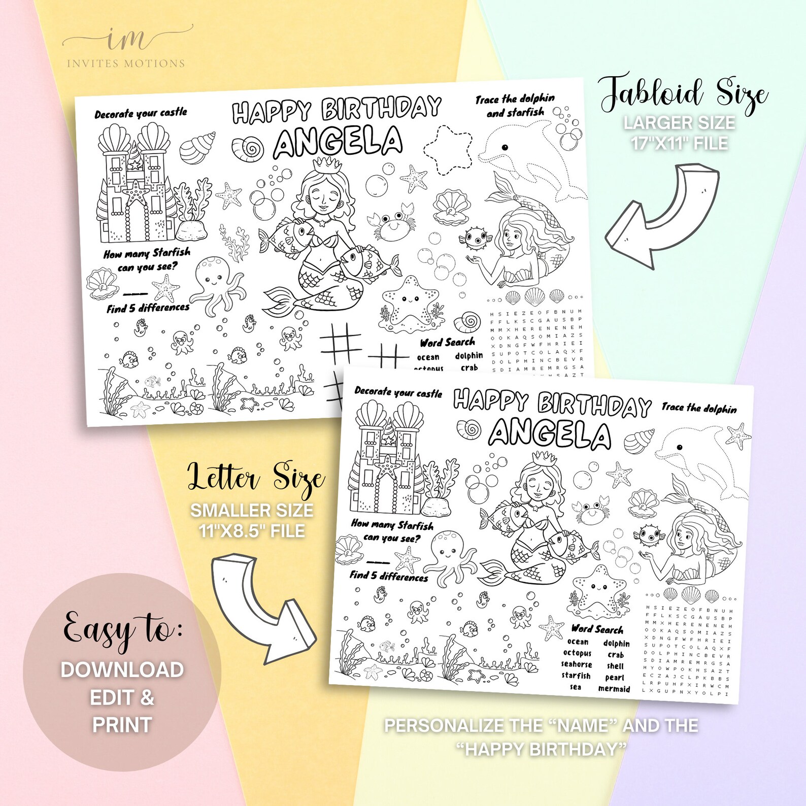 Editable Mermaid Birthday Coloring Placemat Party Games Children ...
