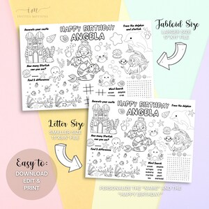 Editable Mermaid Birthday Coloring Placemat Party Games Children ...