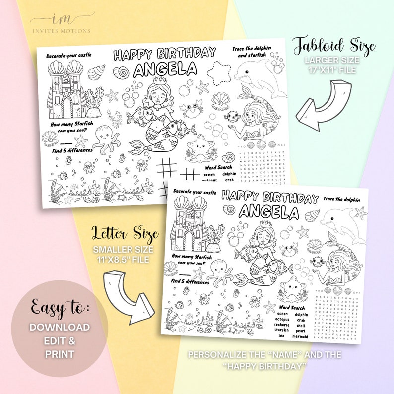 Editable Mermaid Birthday Coloring Placemat Party Games Children ...