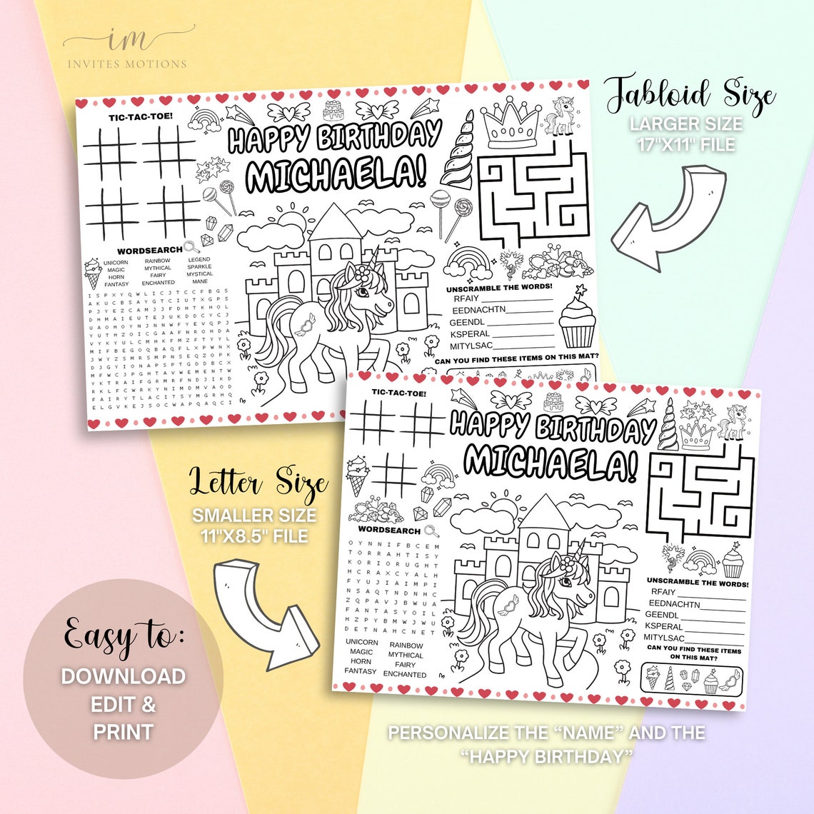 Unicorn Coloring Placemat Party Children Activity Unicorn Birthday ...