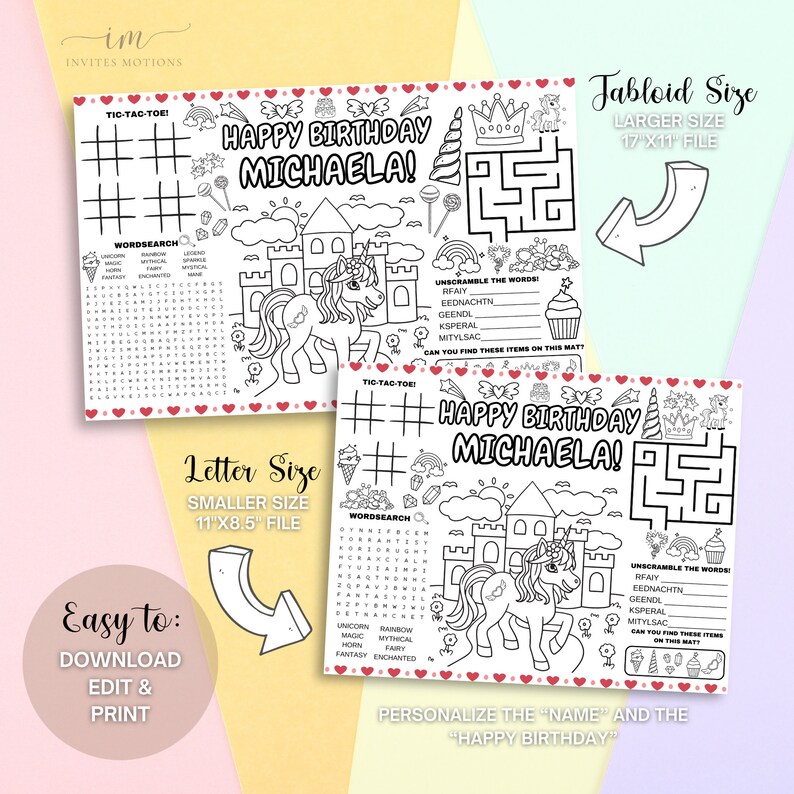 Unicorn Coloring Placemat Party Children Activity Unicorn Birthday ...