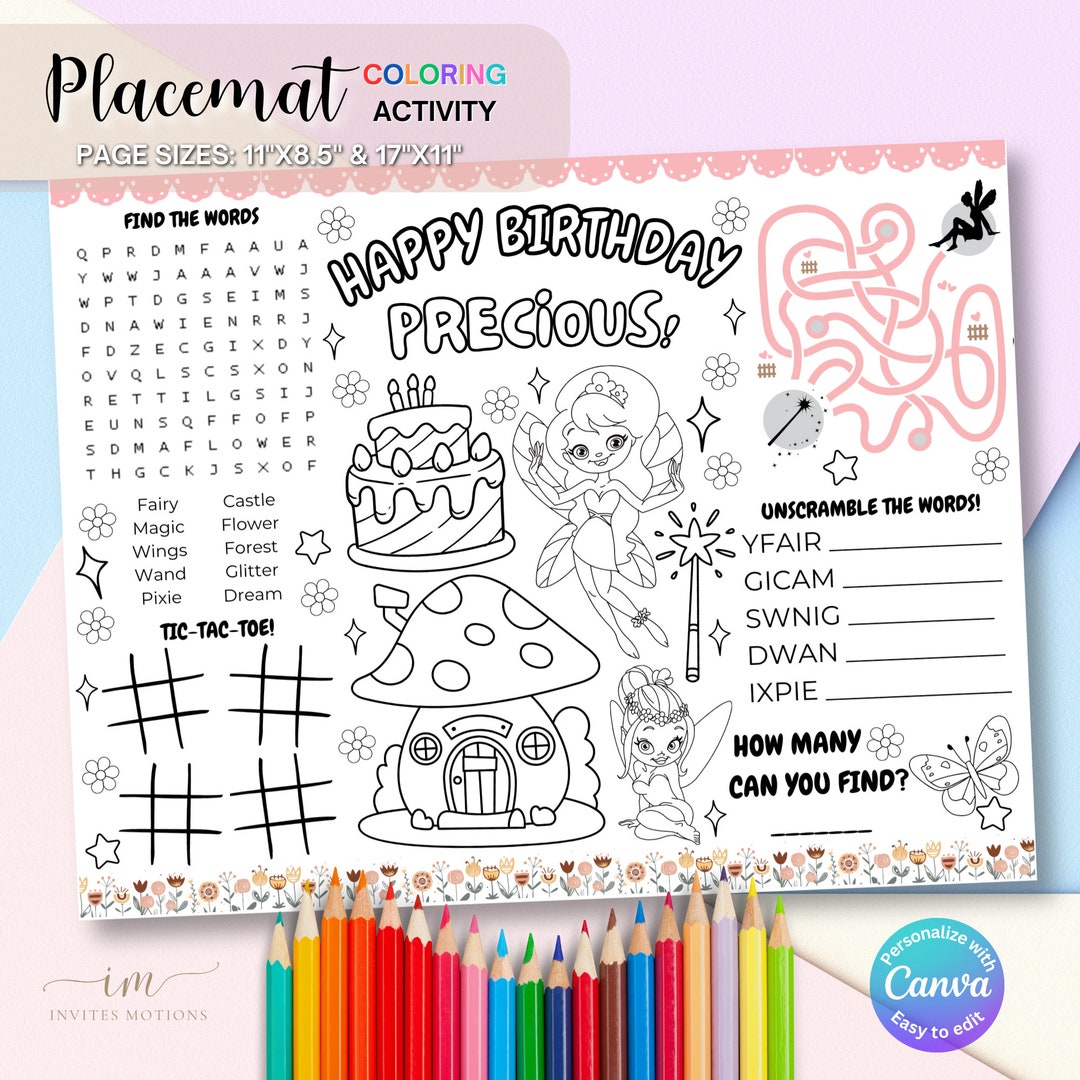 Fairy Birthday Coloring Placemat Party Games Children Activity Magical ...