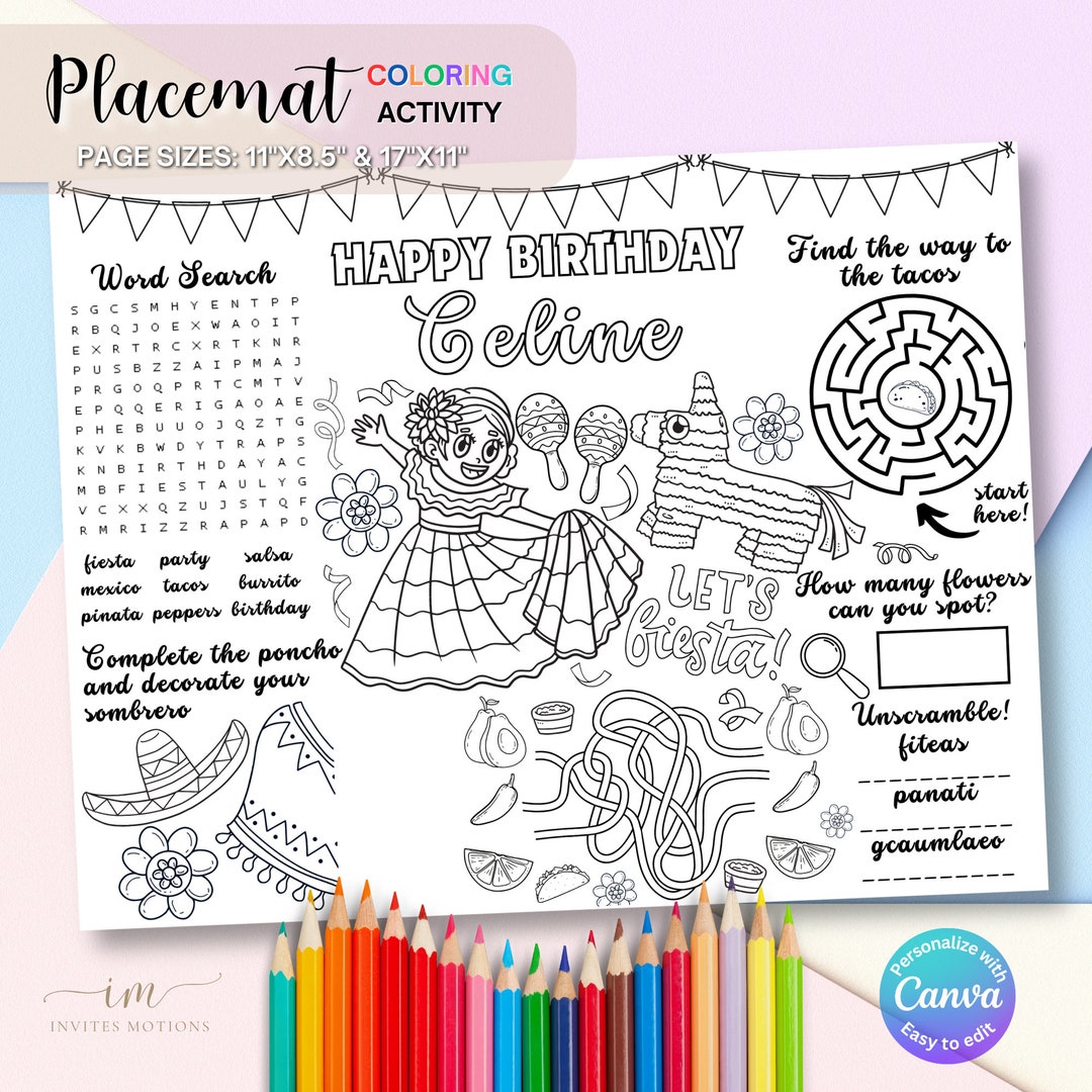 Fiesta Birthday Coloring Placemat Party Games Children Activity Mexican ...