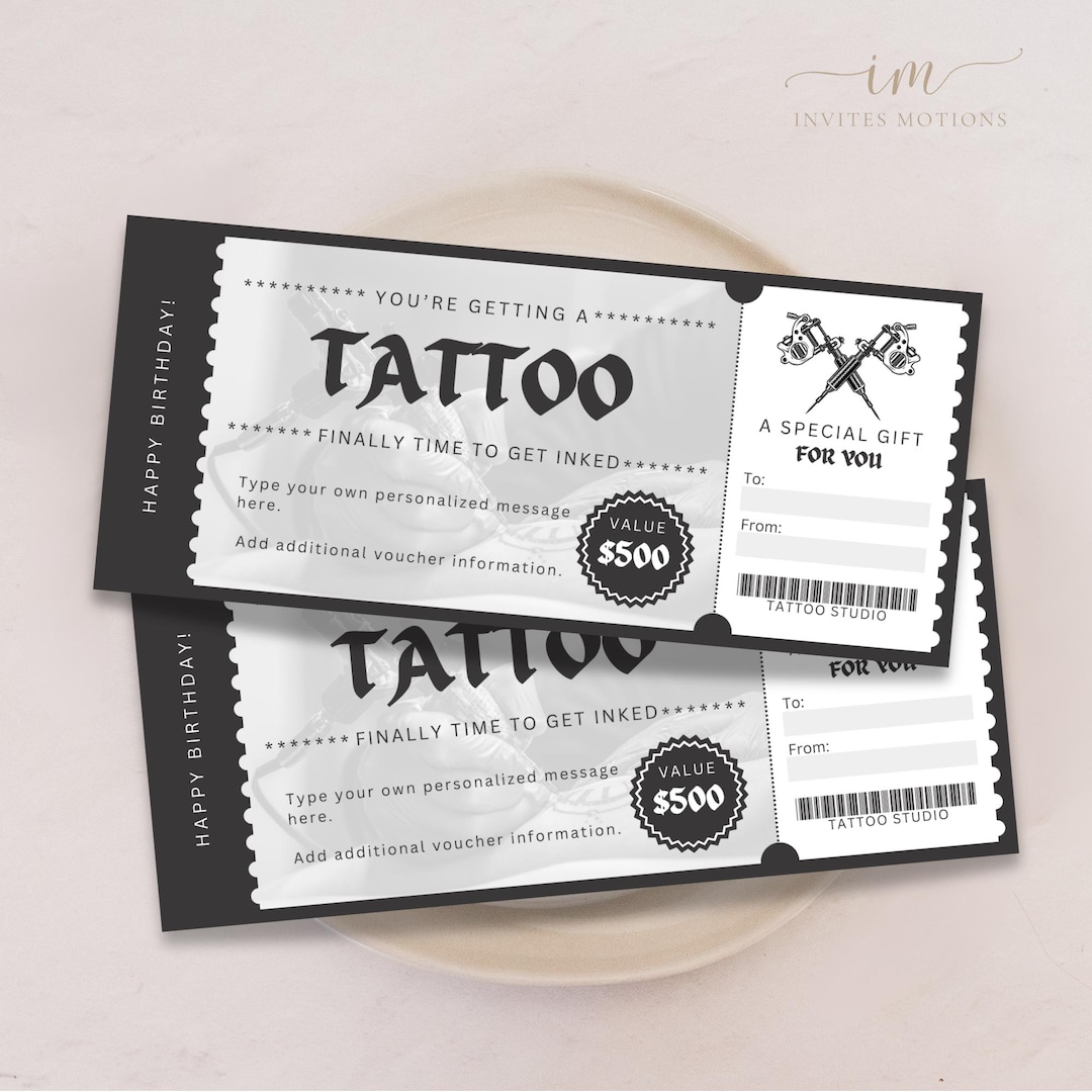 Tattoo Gift Voucher, Editable Tattoo Ticket Template, Printable Tattoo ...
