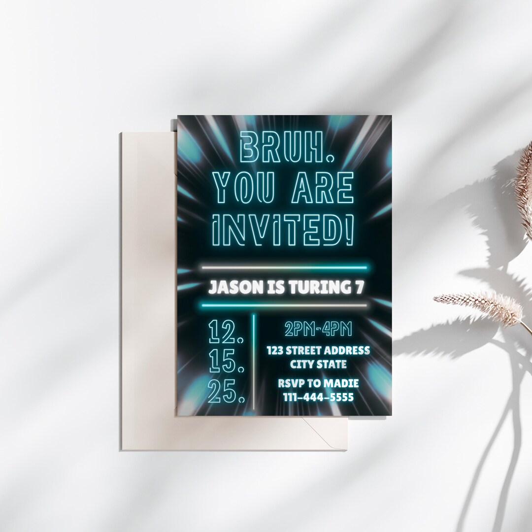 Bruh Neon Birthday Invitation, Neon Glow Teen Birthday Party Invitation ...