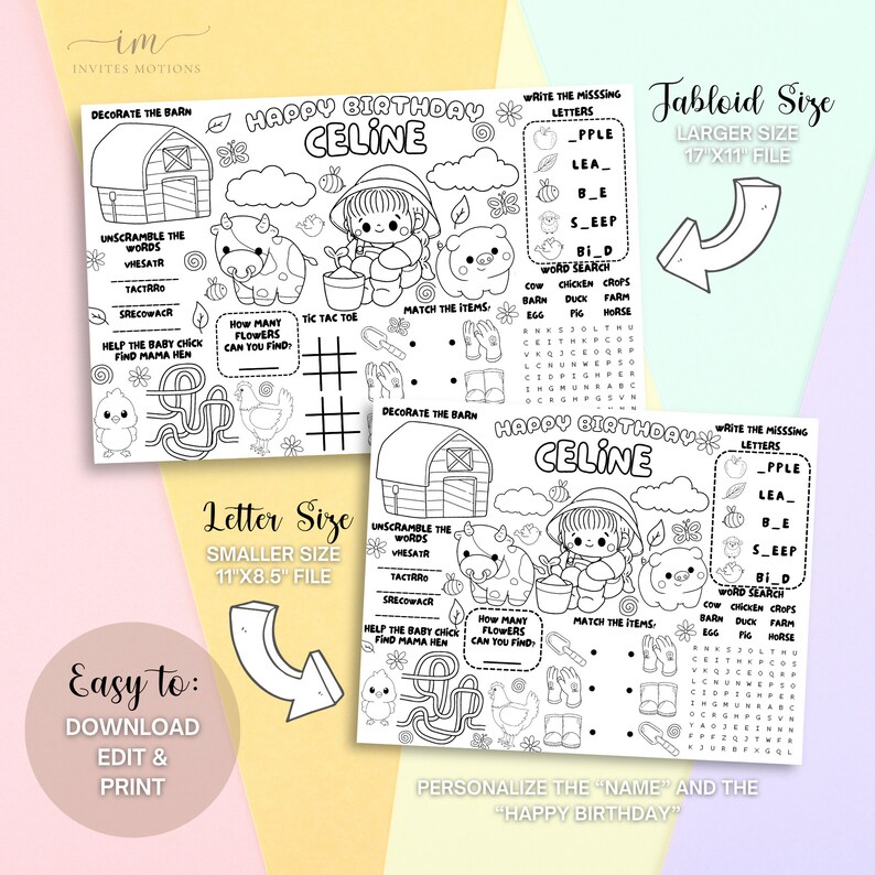 Farm Animals Birthday Coloring Placemat Party Games Children Activity ...