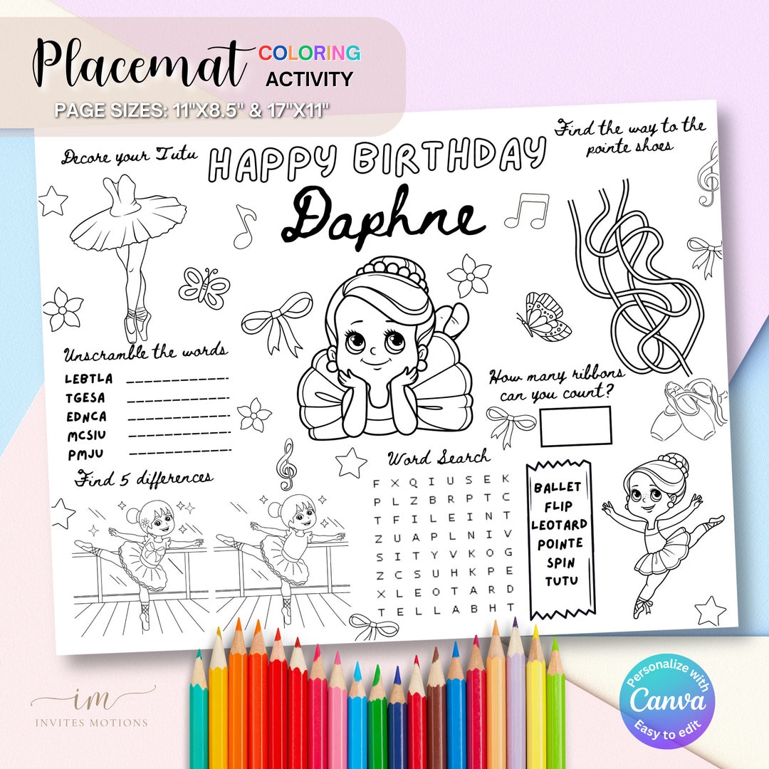 Ballerina Birthday Coloring Placemat Party Games Children Activity ...