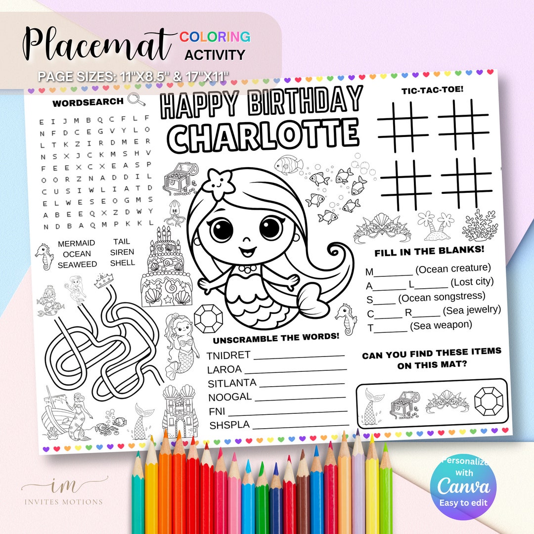 Mermaid Birthday Coloring Placemat Party Children Activity Mermaids ...