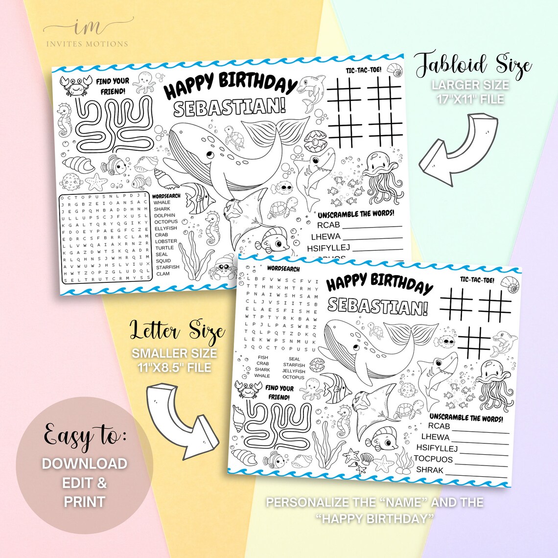Under the Sea Coloring Placemat Party Children Activity Sea Creatures ...