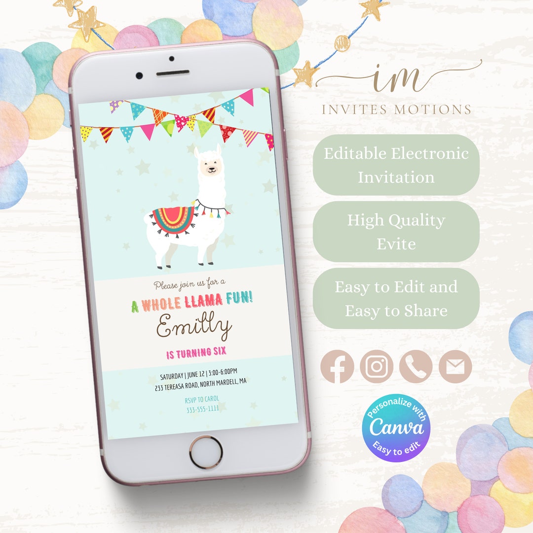 Editable Llama Birthday Digital Invitation for Llama Party Evite A ...