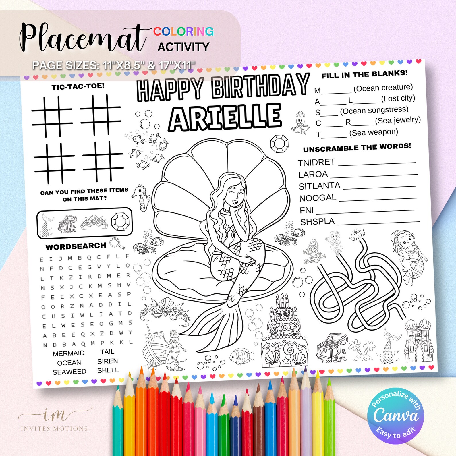 Mermaid Birthday Coloring Placemat Party Games Children Activity Under ...