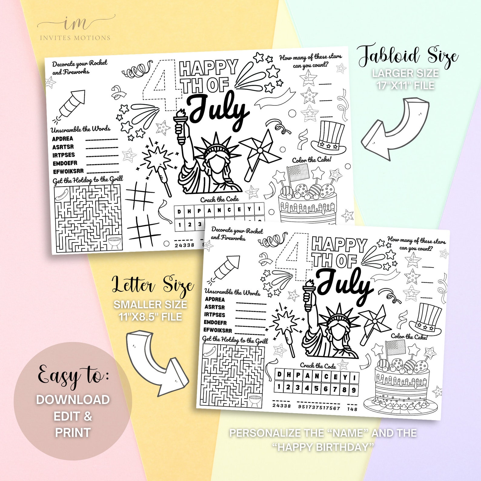 4th of July Kids Activity Placemat: Coloring Page (PDF) - Etsy