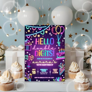 Hello Double Digits 10th Birthday Party Invitation Neon Glow Party ...
