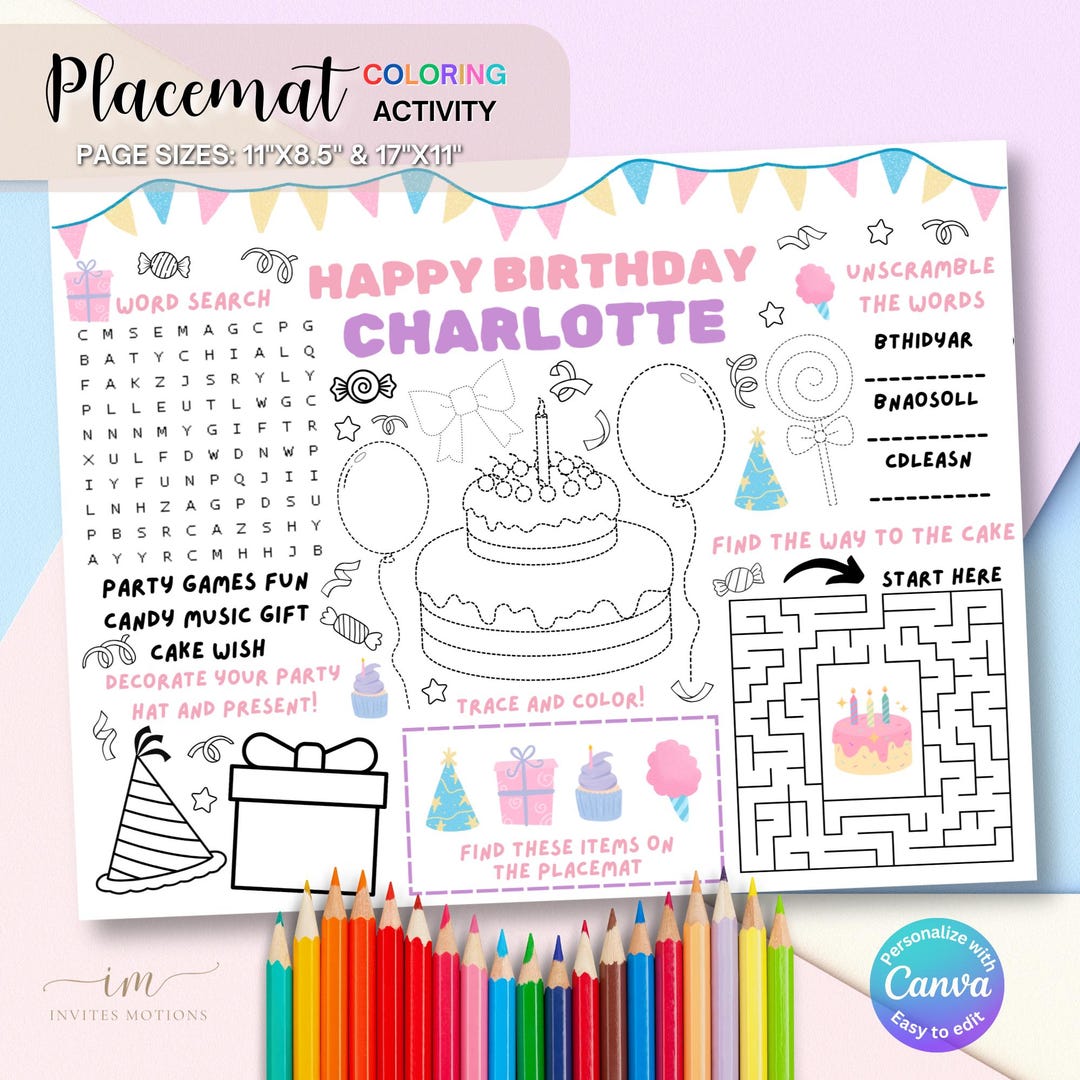 Birthday Party Coloring Page Placemat, Happy Birthday Party Mat ...