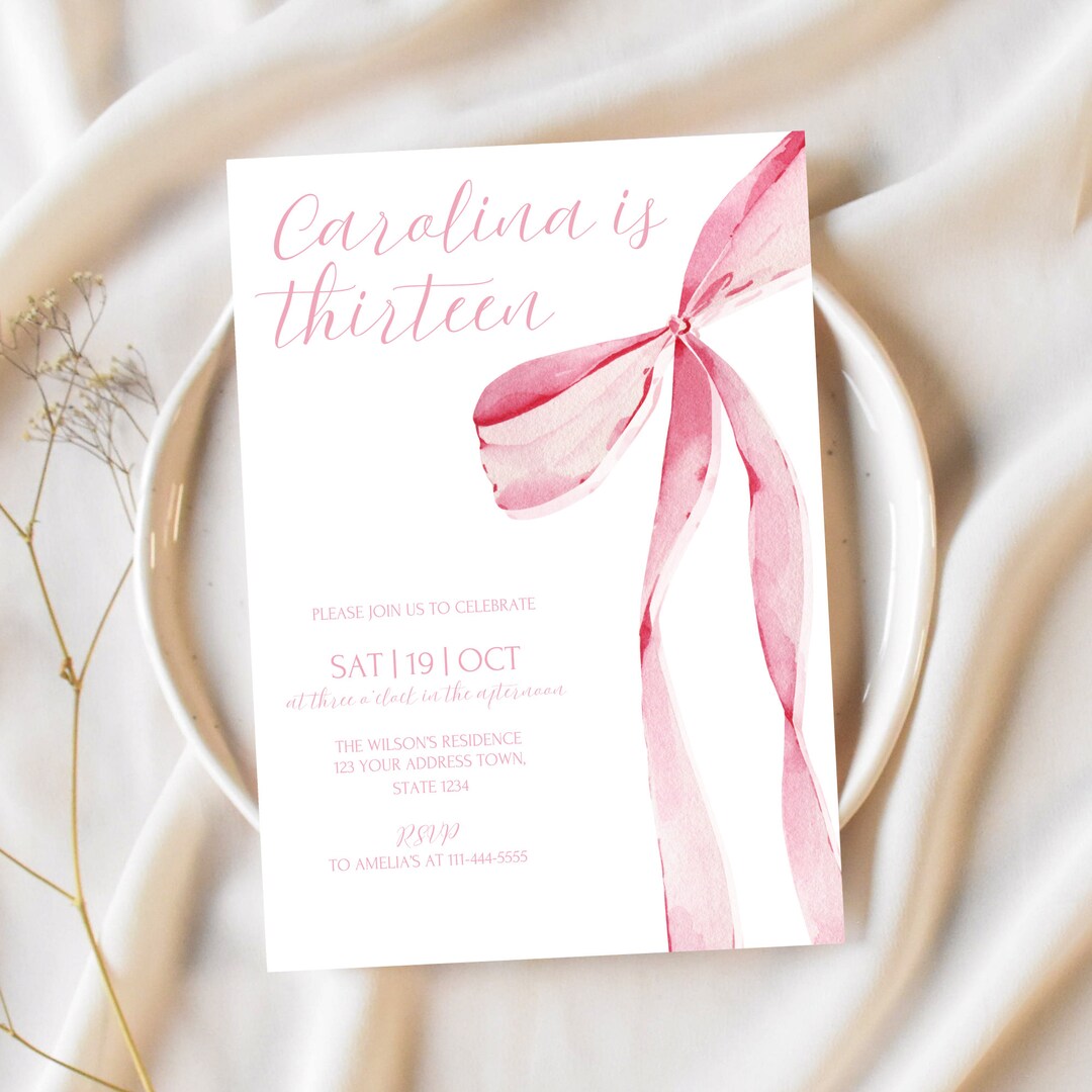 Pink Coquette Birthday Invitation: Elegant Bow, Editable Invite - Etsy