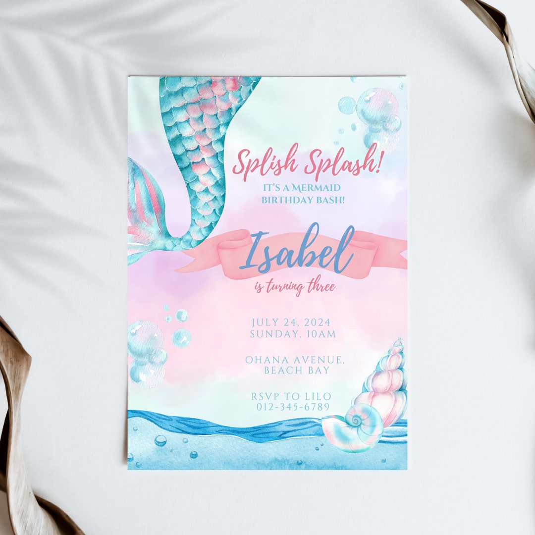 Mermaid Birthday Invitation for Blue Mermaid Tail Invite Printable ...