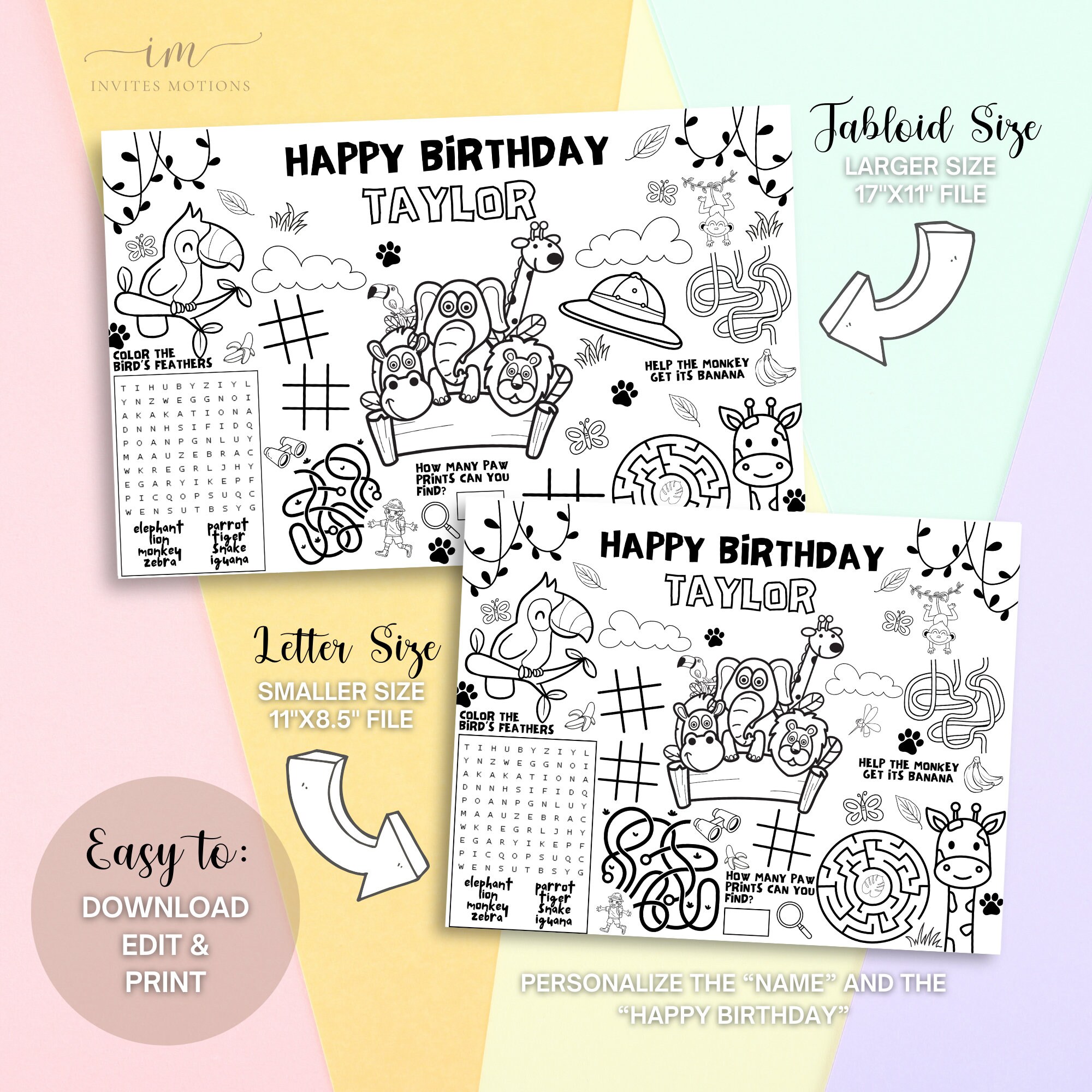 Safari Birthday Coloring Placemat Party Children Activity Safari ...