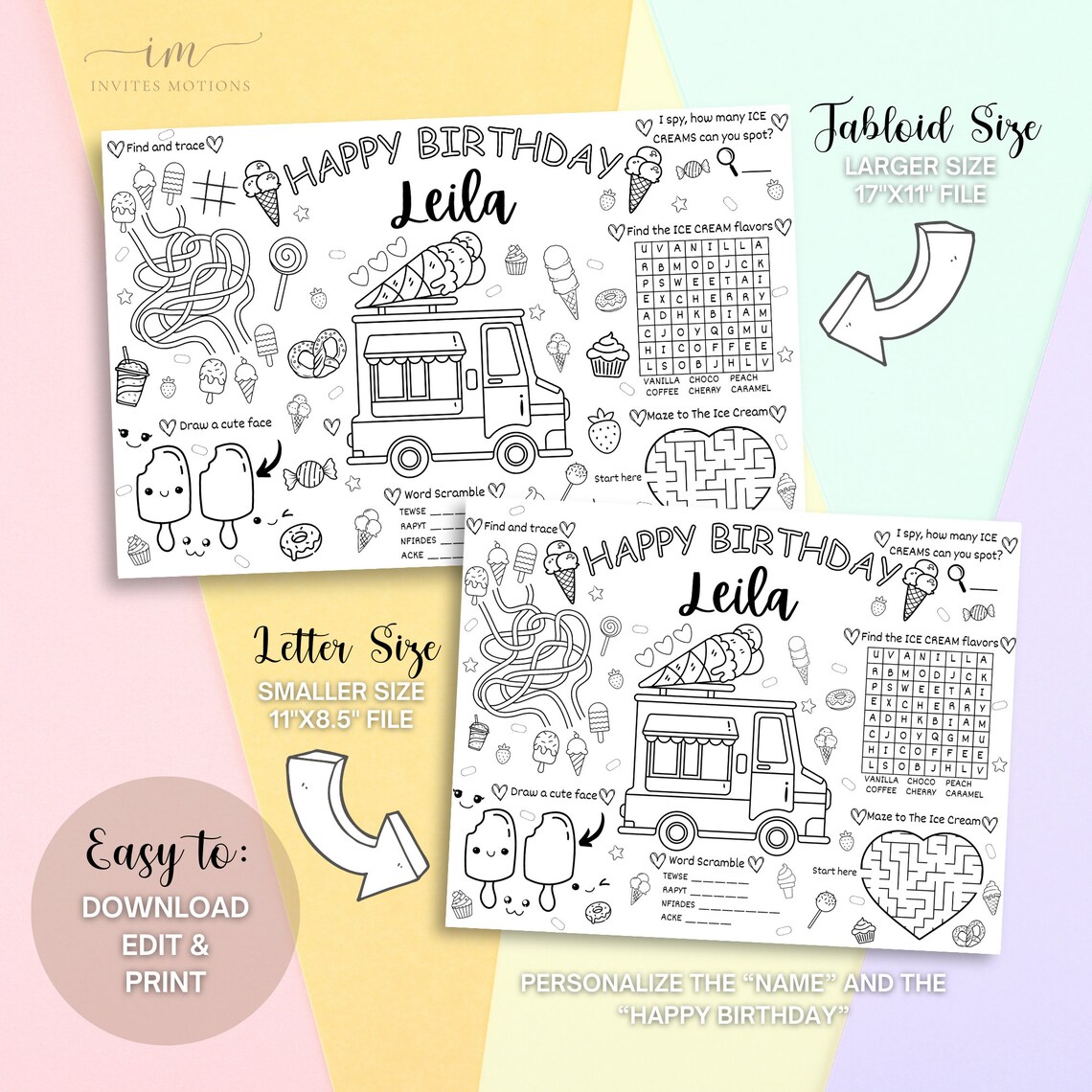 Editable Ice Cream Truck Birthday Coloring Placemat Party Games ...