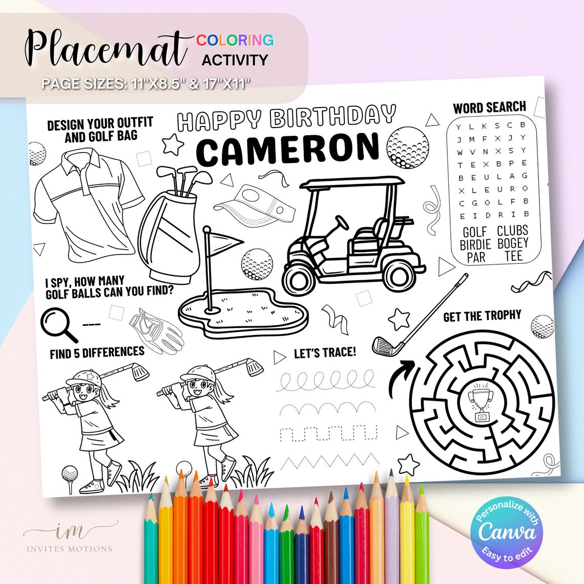Golf Birthday Coloring Placemat Party Games Children Activity Par Tee ...