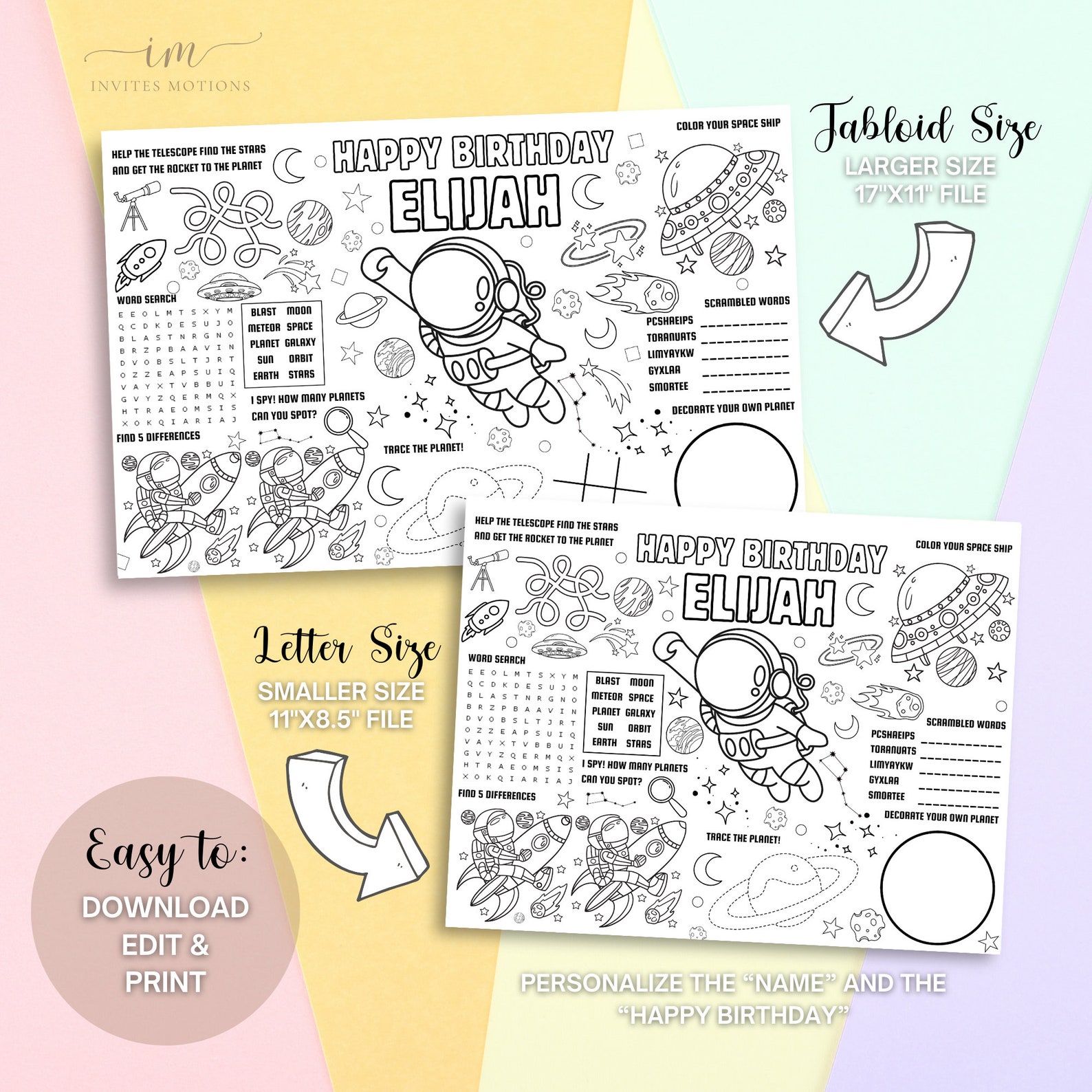 Outer Space Birthday Coloring Placemat Party Games Children Activity ...