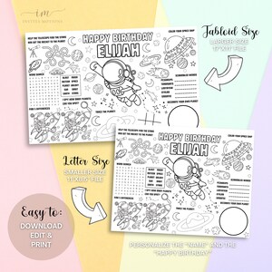 Outer Space Birthday Coloring Placemat Party Games Children Activity ...