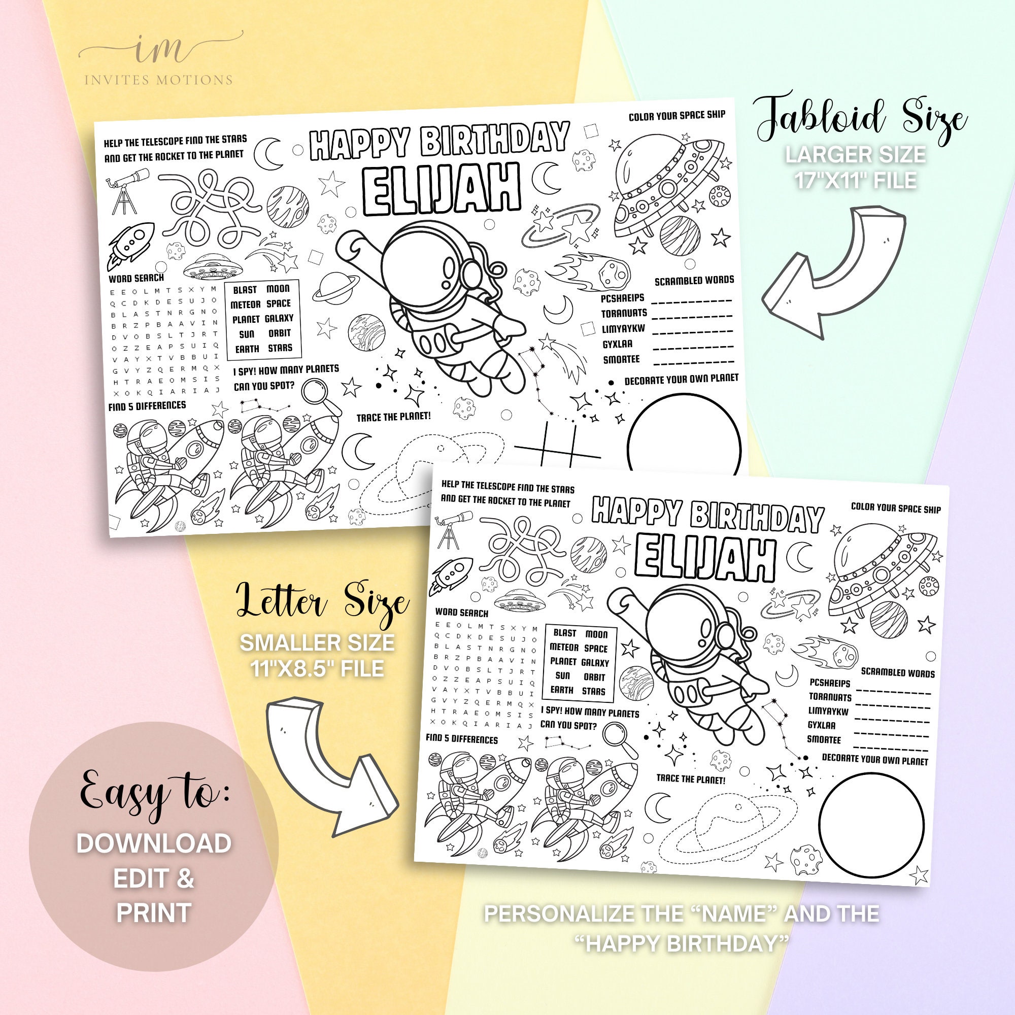 Outer Space Birthday Coloring Placemat Party Games Children Activity ...