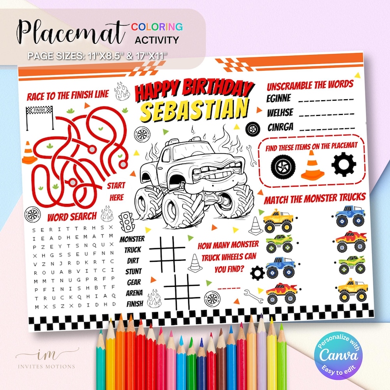 Monster Truck Coloring Page Placemat, Monster Truck Party Mat, Editable ...