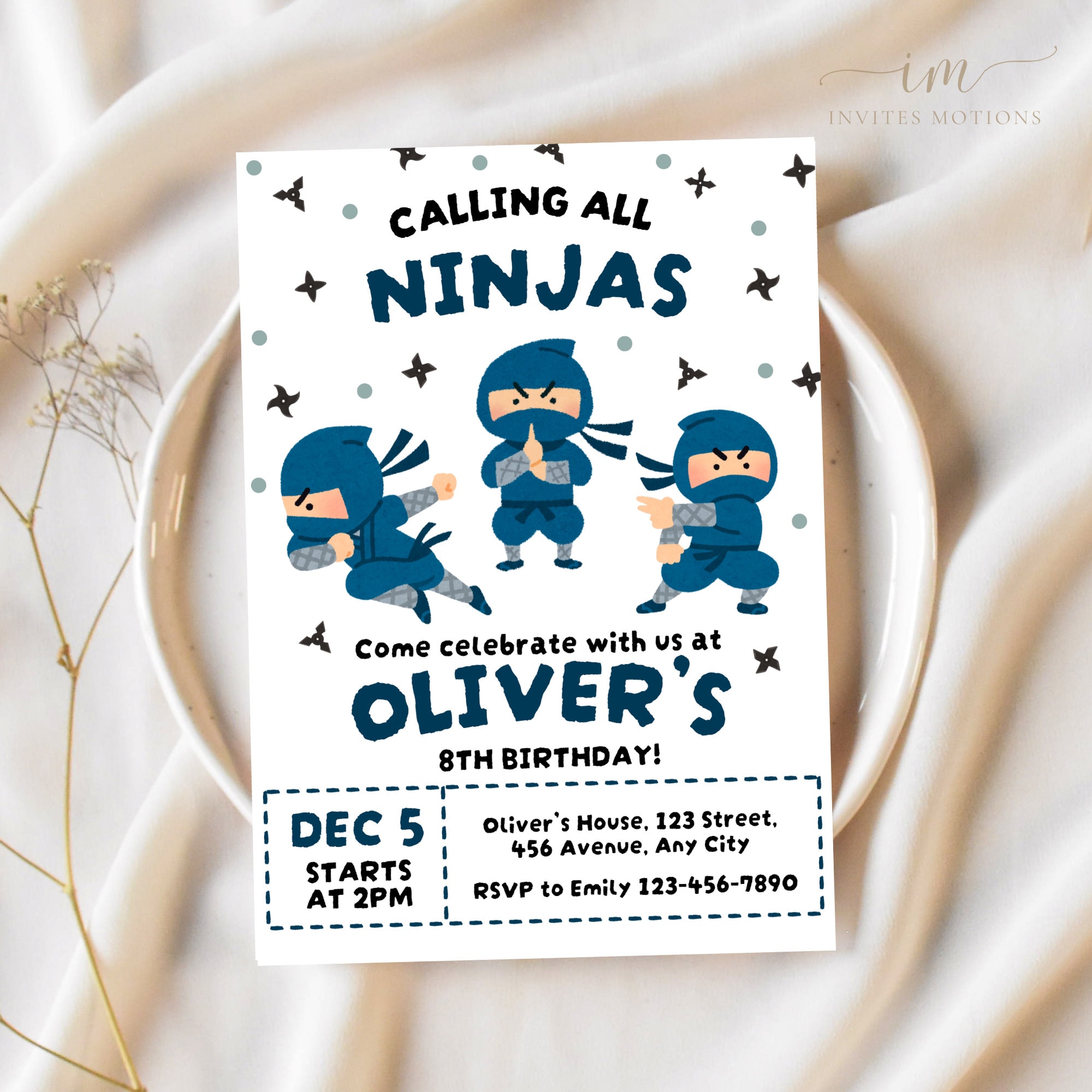 Editable Ninja Birthday Invitation, Martial Arts Party Invite, Blue ...