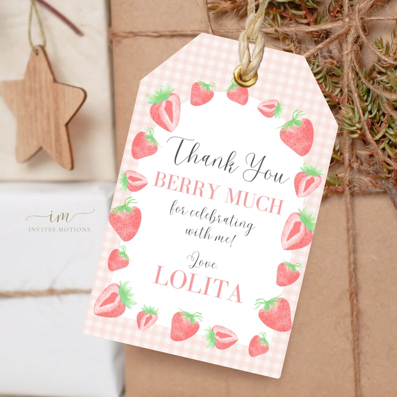 Pink Berry First Party Favor Tag for Strawberry Birthday Thank You Tag ...