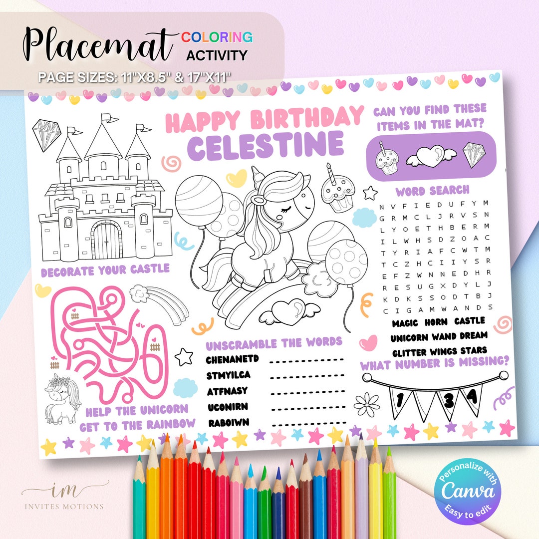 Unicorn Birthday Coloring Placemat, Unicorn Placemats Color Sheet ...