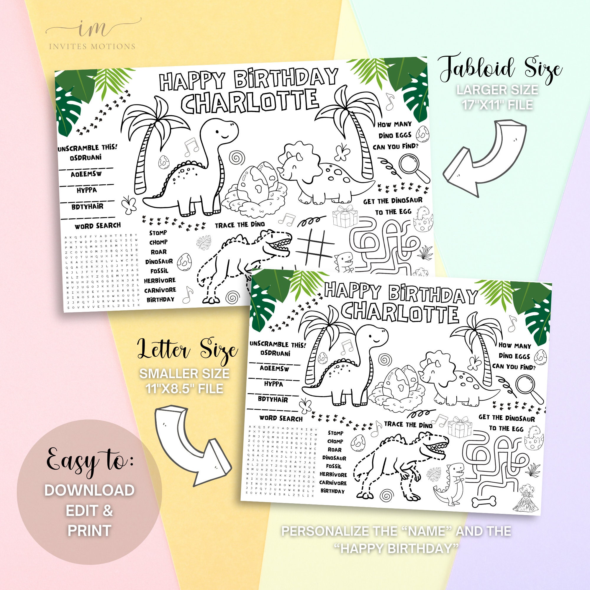 Dinosaur Birthday Coloring Placemat Party Children Activity Dinosaur ...
