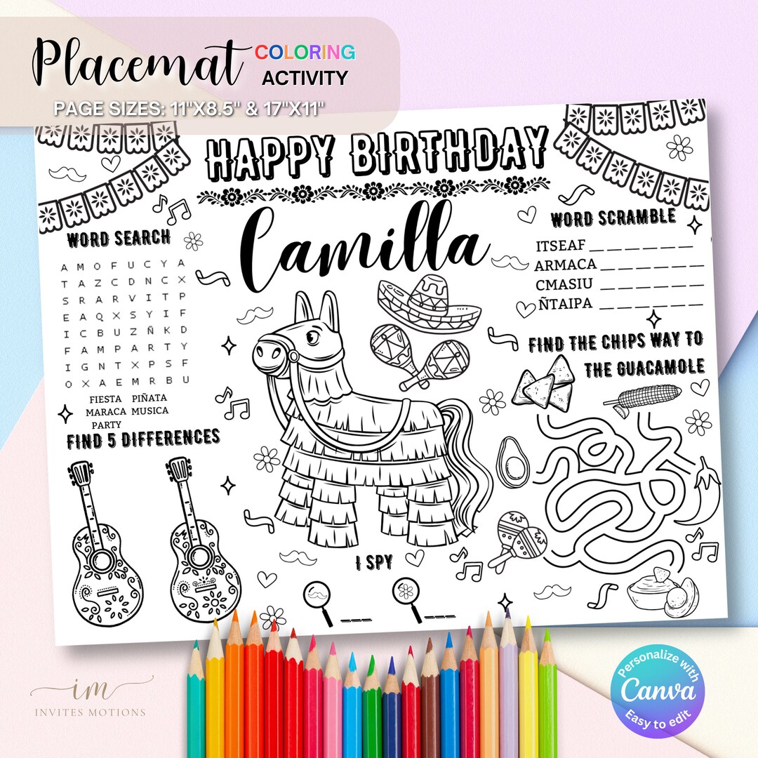 Piñata Birthday Coloring Placemat Party Games Children Activity Pinata ...