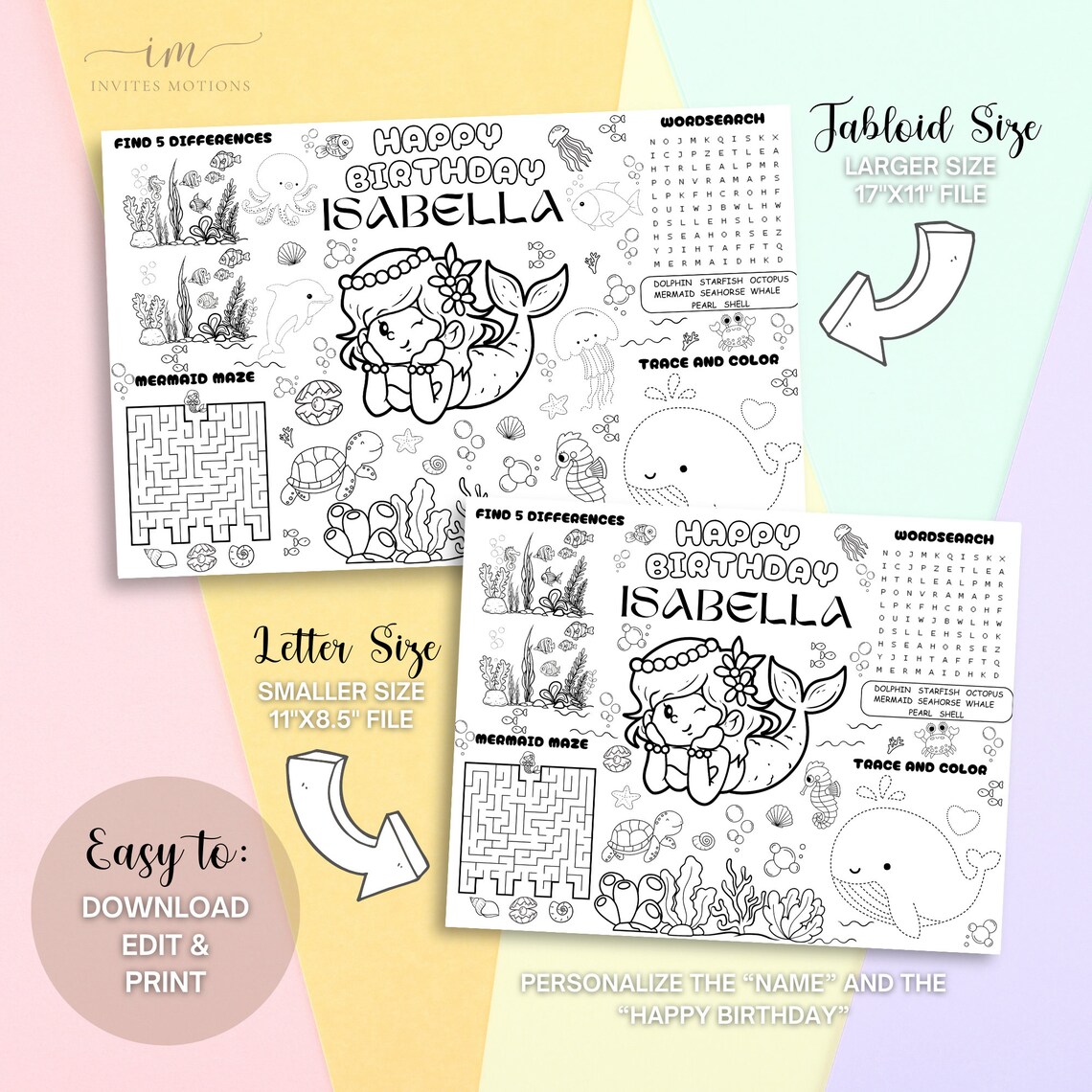 Editable Mermaid Birthday Coloring Placemat Party Games Children ...