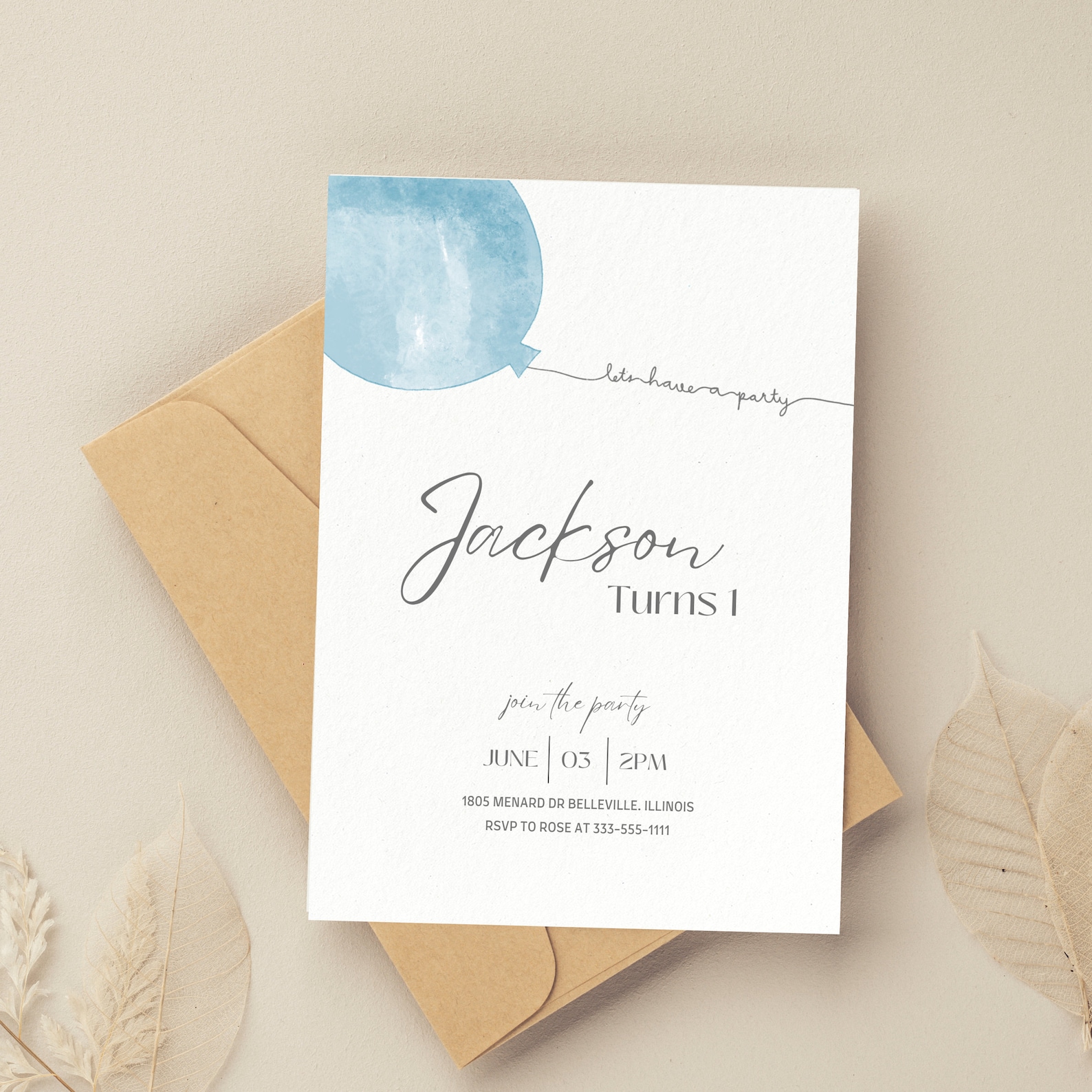 Boy First Birthday Invitation Template for Blue Balloon Invite Minimal ...