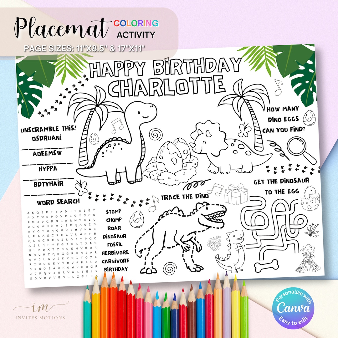 Dinosaur Birthday Coloring Placemat Party Children Activity Dinosaur ...