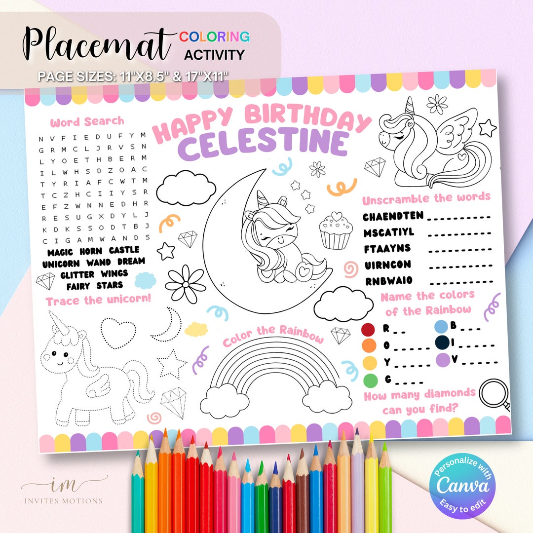 Unicorn Birthday Coloring Placemat, Unicorn Placemats Color Sheet ...