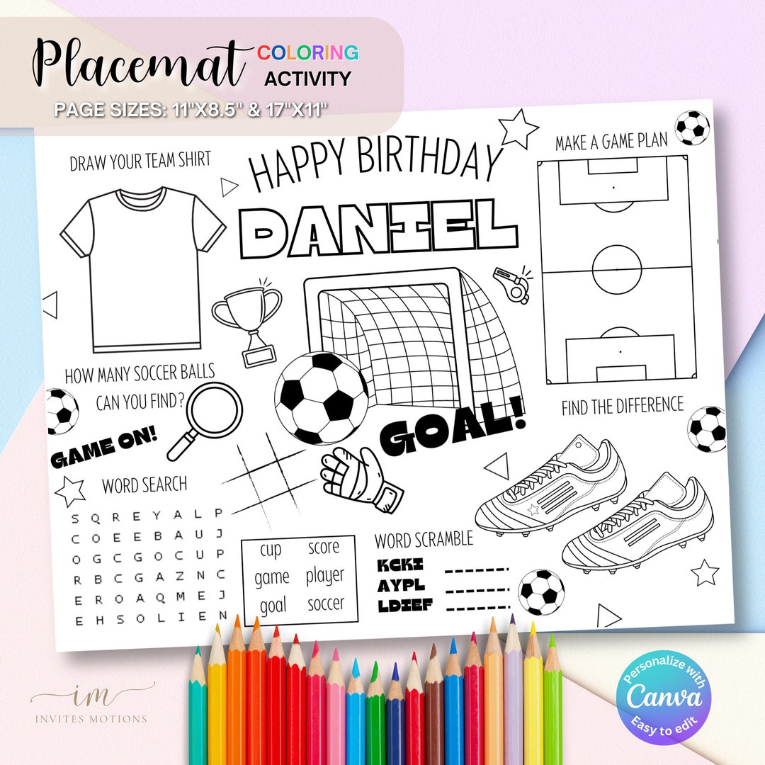 Soccer Birthday Coloring Placemat Party Games Children Activity ...