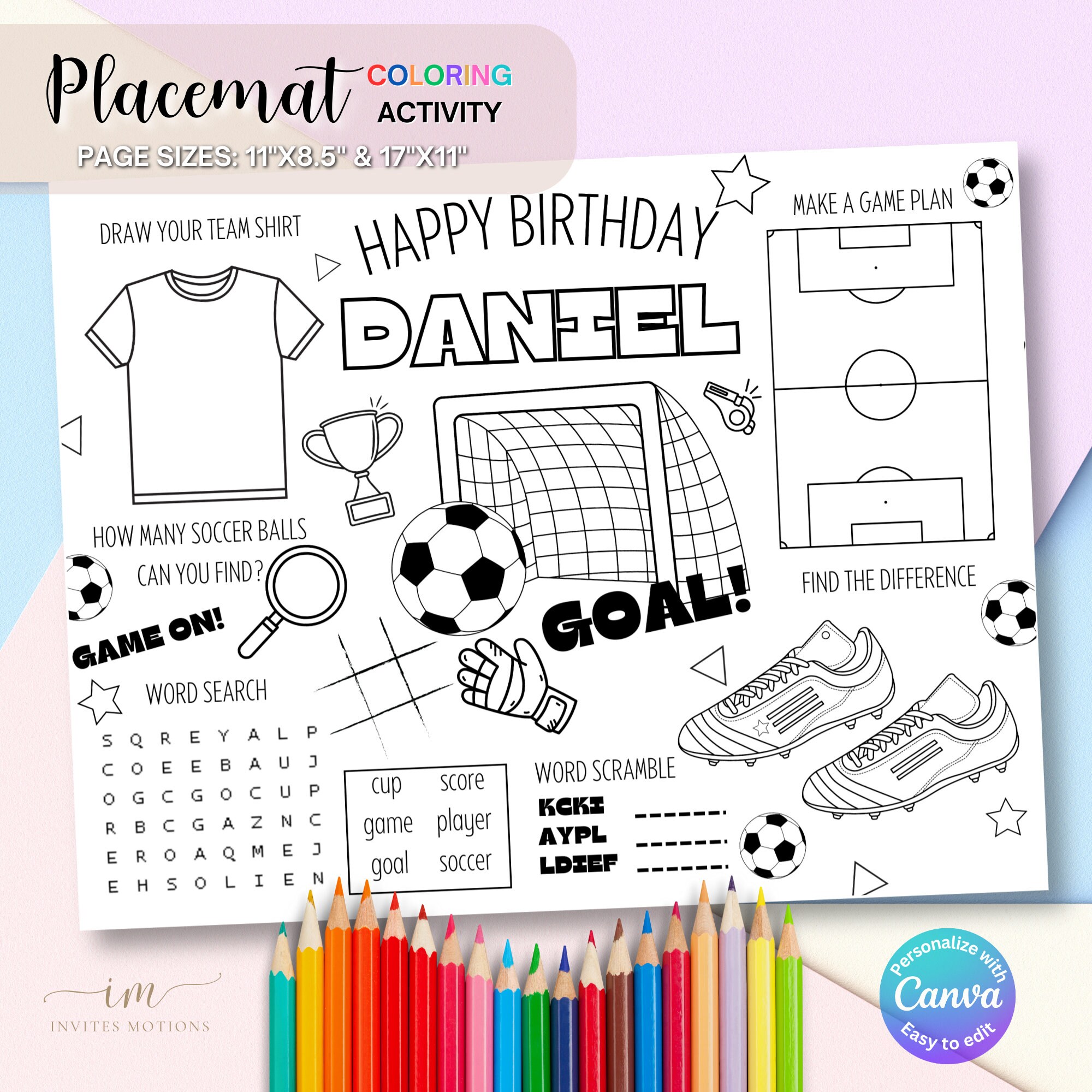 Soccer Birthday Coloring Placemat Party Games Children Activity ...