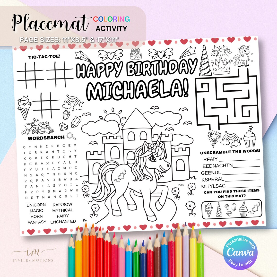 Unicorn Coloring Placemat Party Children Activity Unicorn Birthday ...