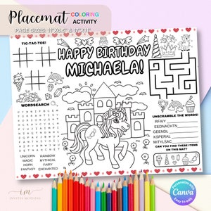 Unicorn Coloring Placemat Party Children Activity Unicorn Birthday ...