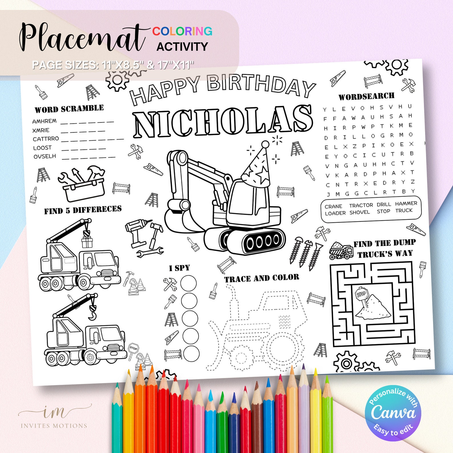 Editable Construction Birthday Coloring Placemat Party Games Children ...
