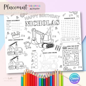 Editable Construction Birthday Coloring Placemat Party Games Children ...