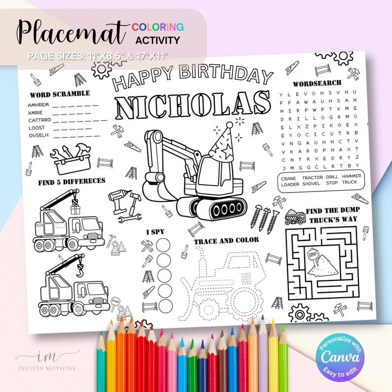 Editable Construction Birthday Coloring Placemat Party Games Children ...