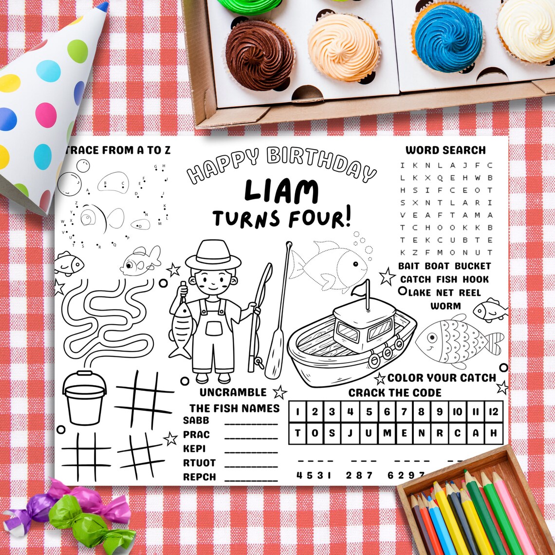 Fishing Coloring Placemat Party Children Activity Fisherman Party ...