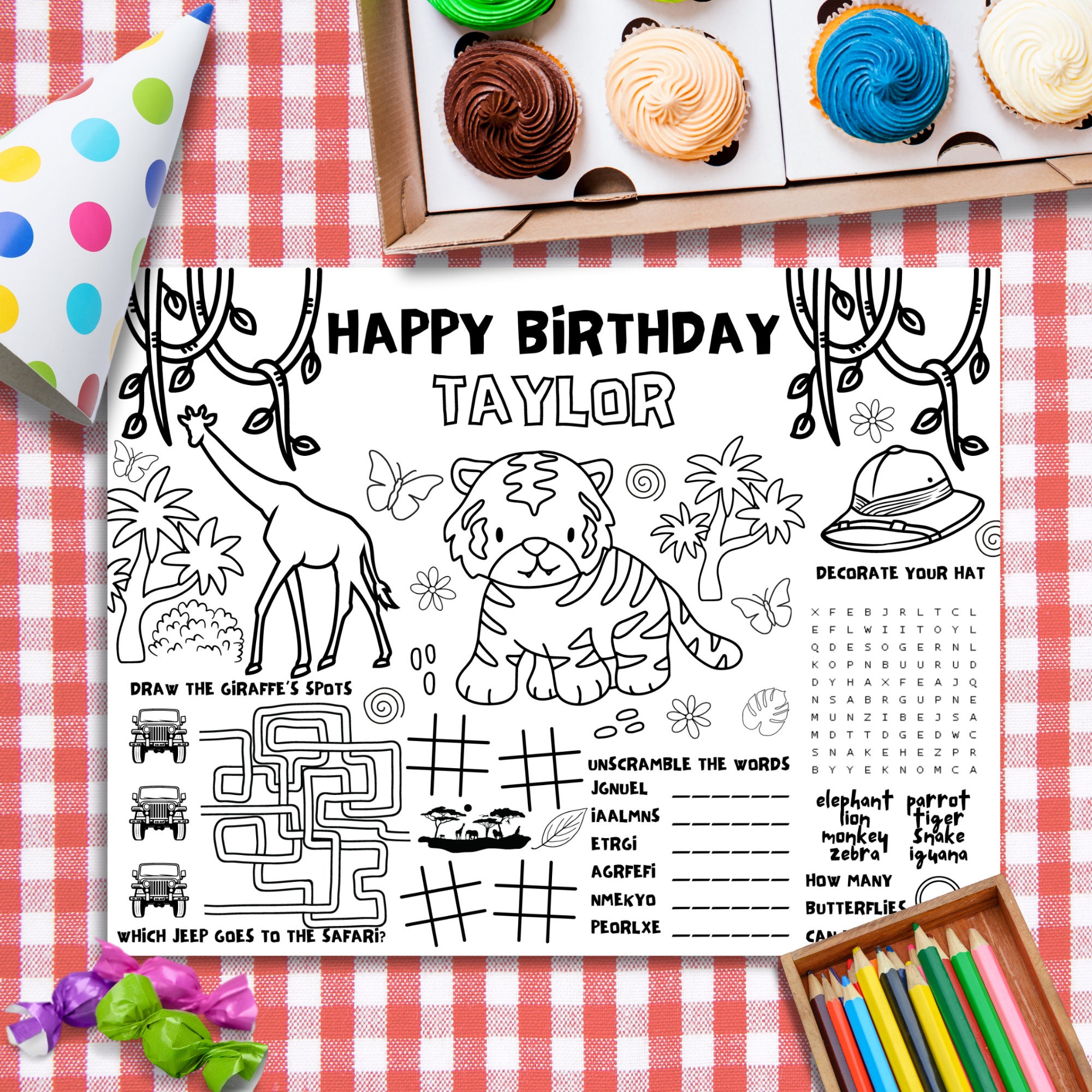 Safari Birthday Coloring Placemat Party Games Children Activity Safari ...