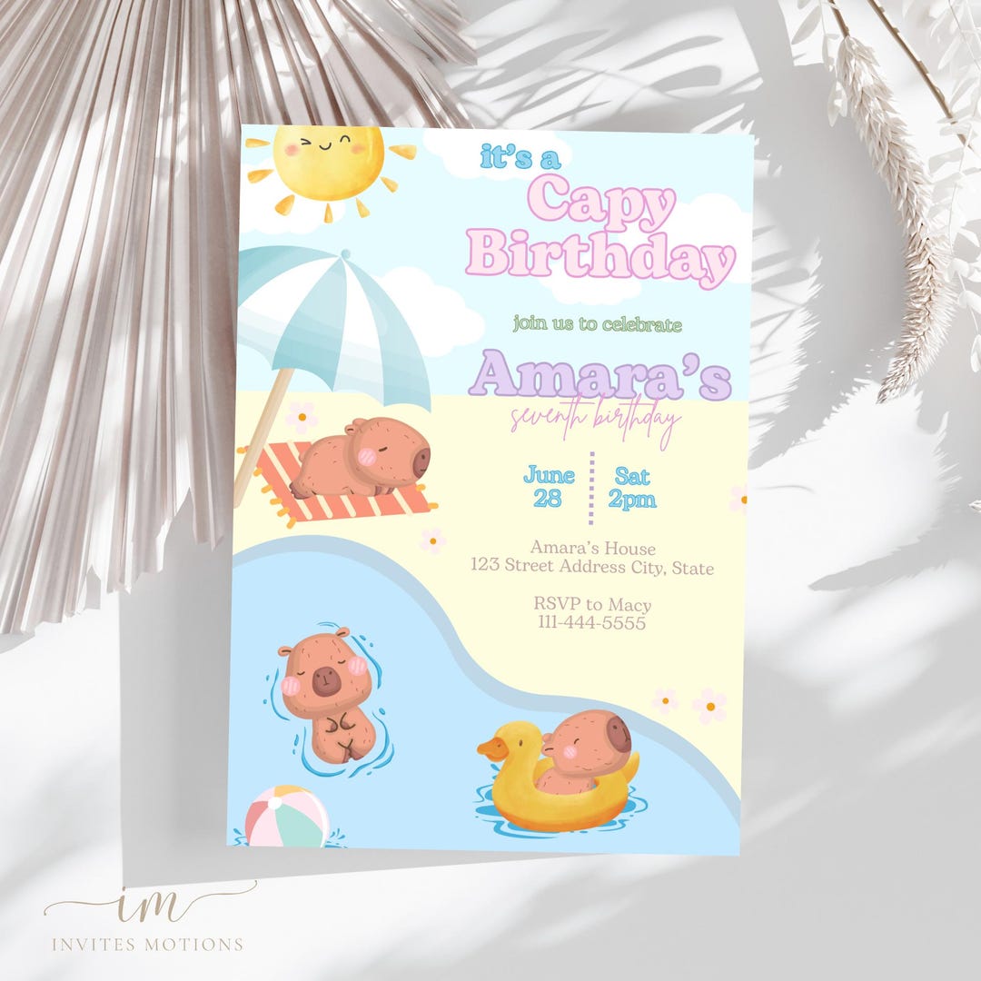 Capybara Birthday Invitation, Pool Party Capybara Invitation, Beach ...