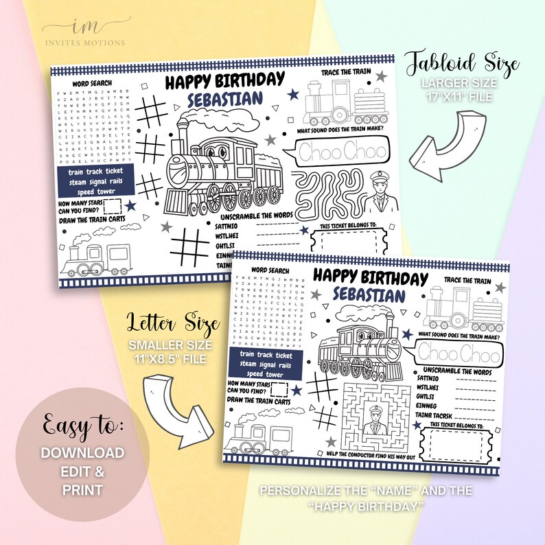 Editable Train Birthday Coloring Placemat, Choo Choo Train Placemats ...