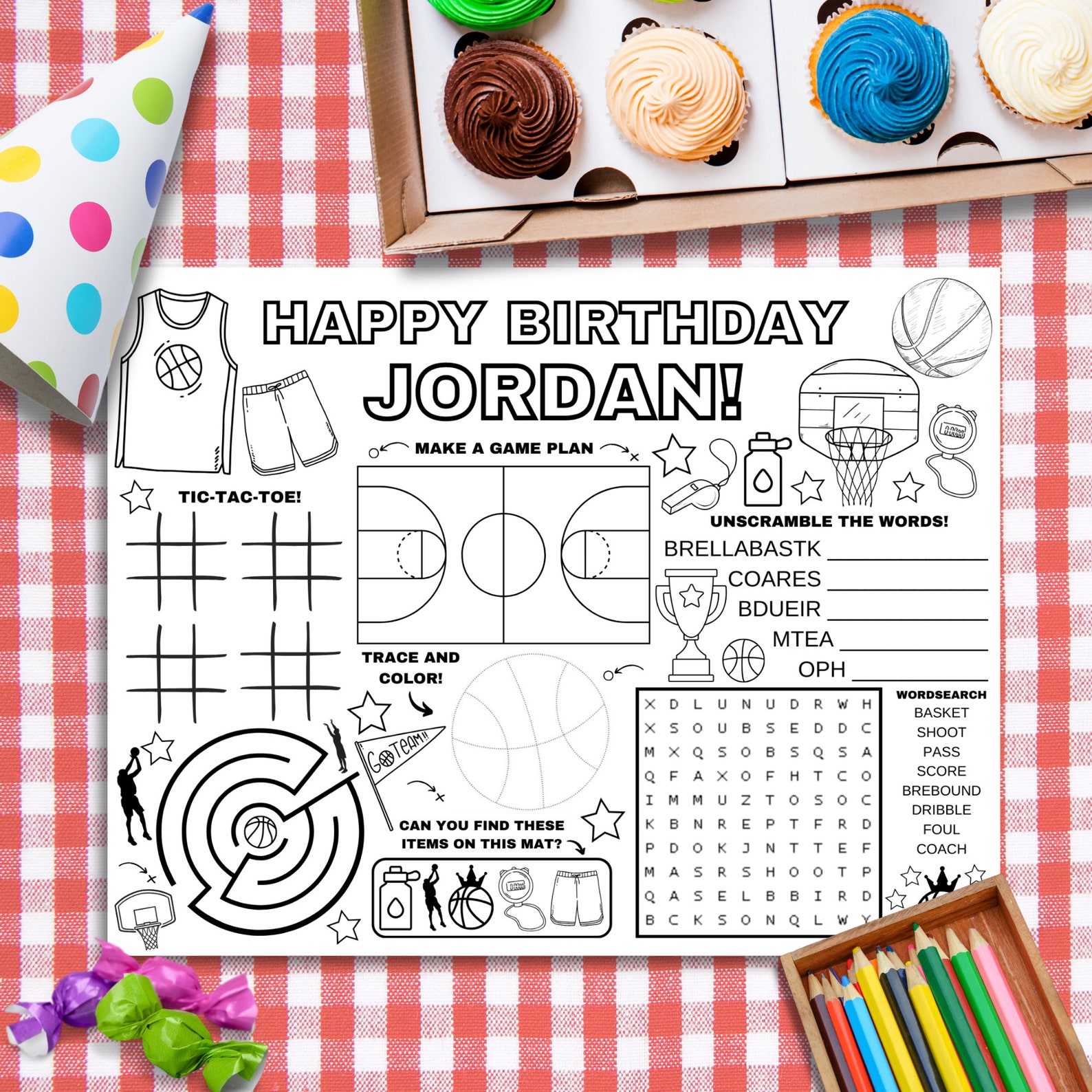 Basketball Birthday Coloring Placemat Party Children Activity ...