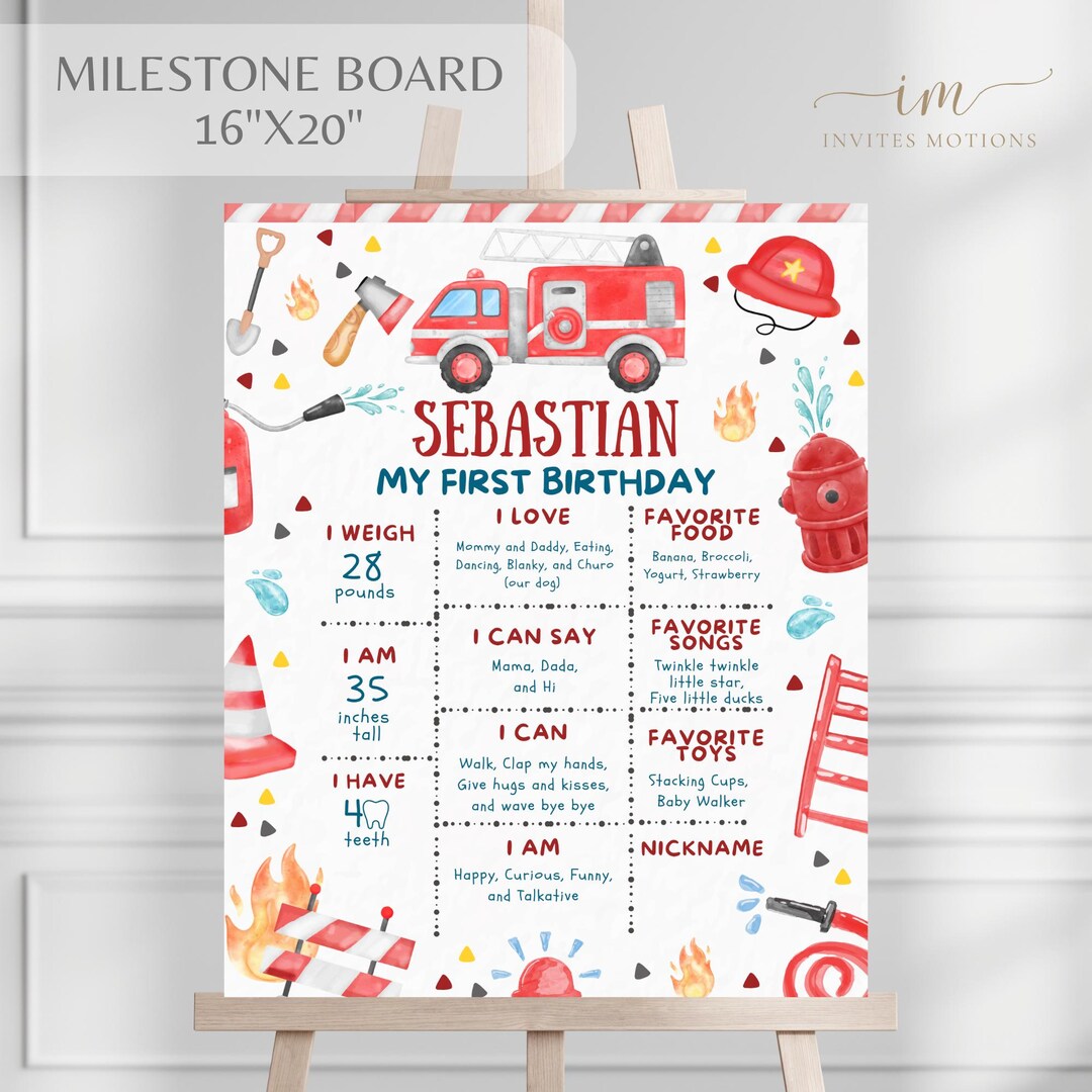 Editable Firetruck First Birthday Milestone Template, Firetruck Party ...