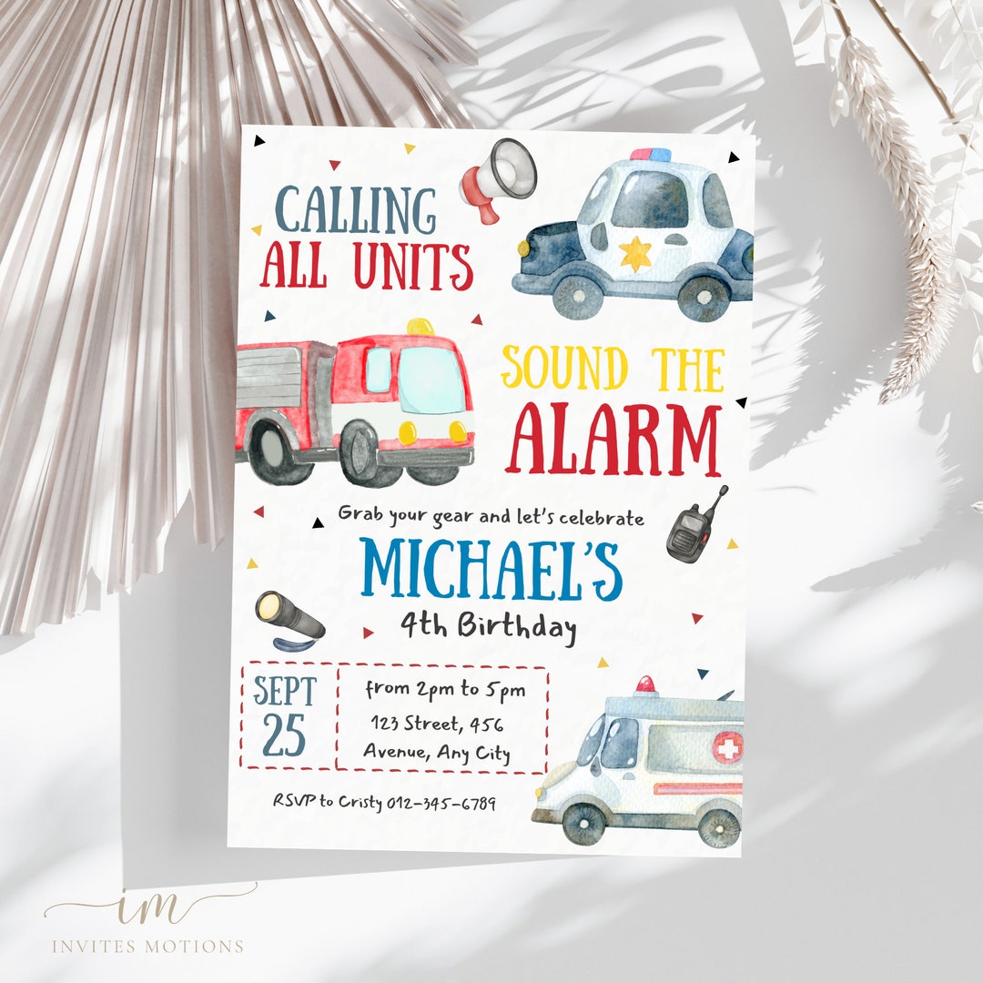 Editable Emergency Vehicles Birthday Invitation, First Responders Party ...